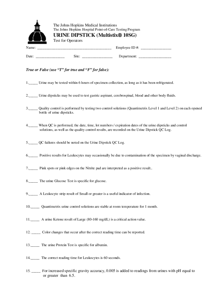Fillable Online pathology jhu Urine dipstick - Point of Care Testing ...