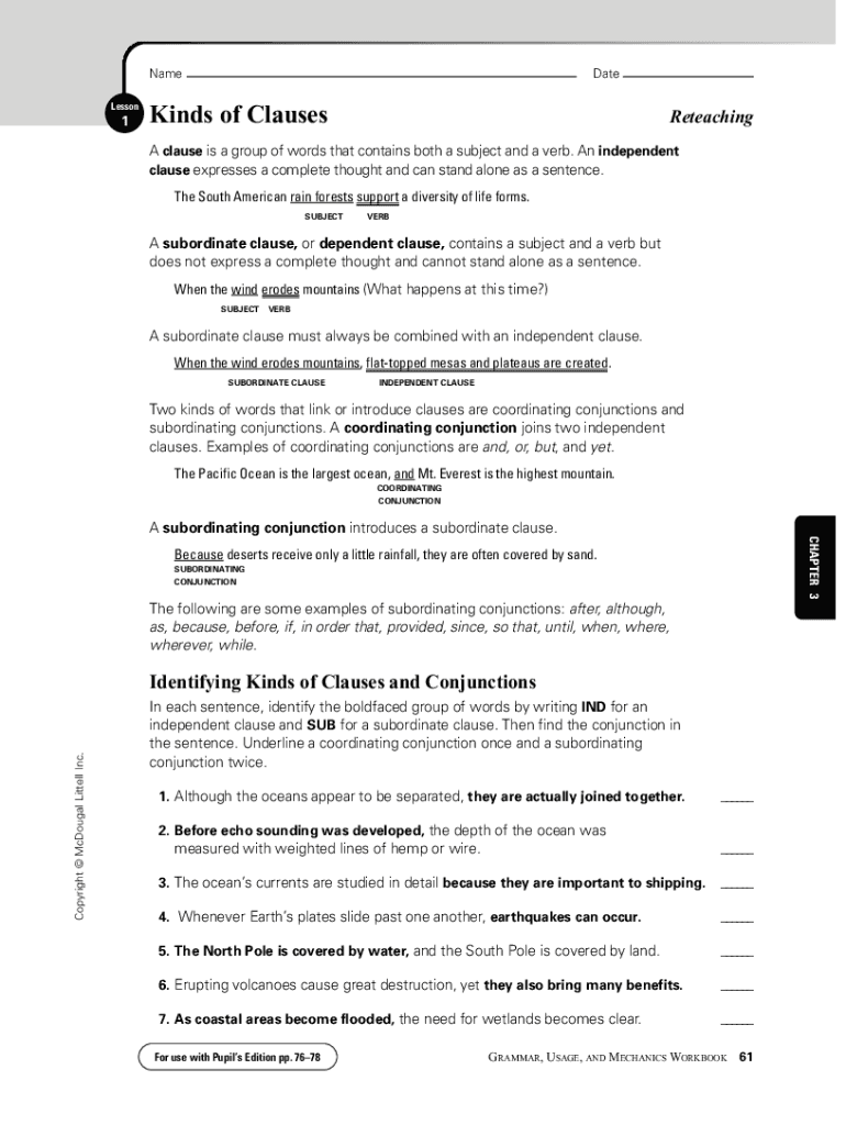 Fillable Online Clauses, a group of a words that contains a subject and verb. Fax Email Print ...