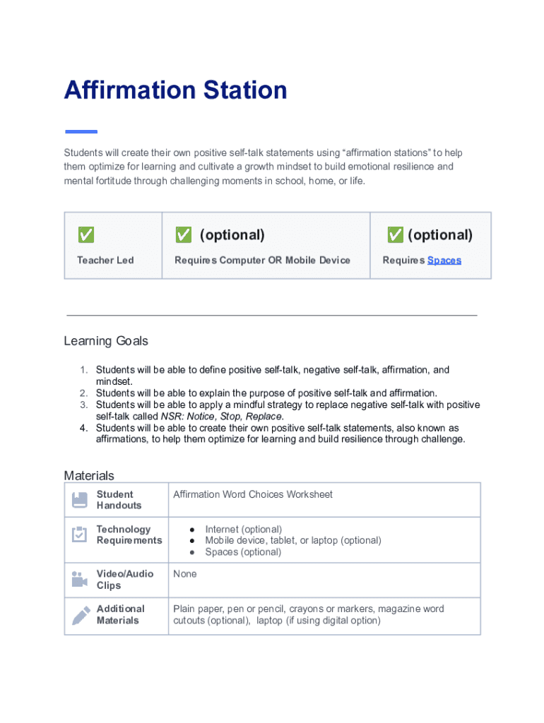 Fillable Online 25 Affirmation Stations to Help Kids Build Self-Esteem We ... Fax Email Print ...