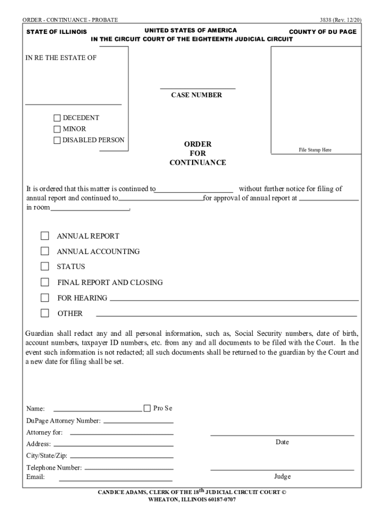 Fillable Online ORDER FOR CONTINUANCE Guardian shall redact any ... Fax ...