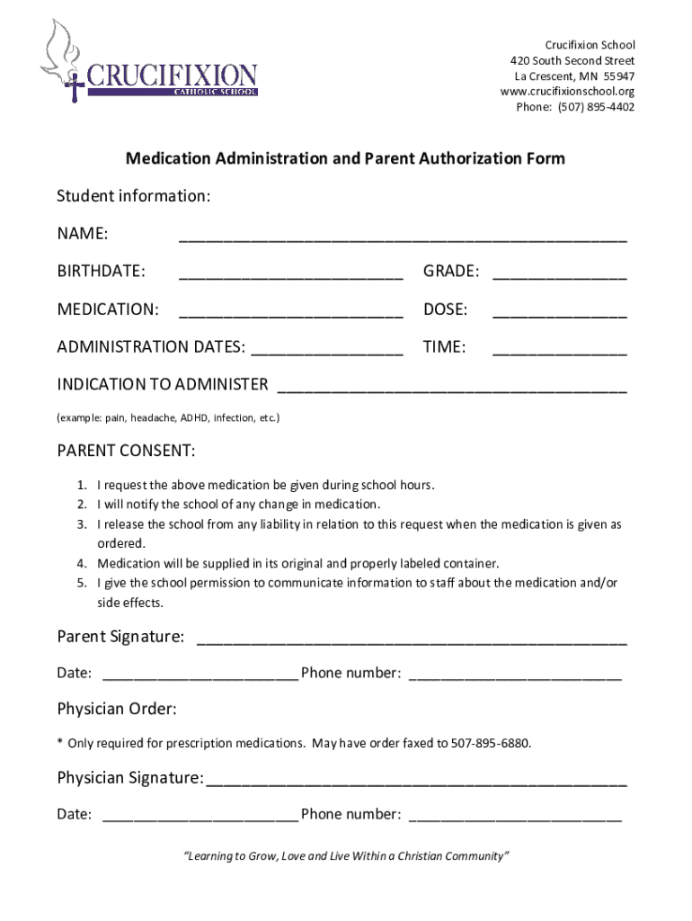 Fillable Online Medication Administration and Parent Authorization Form ...