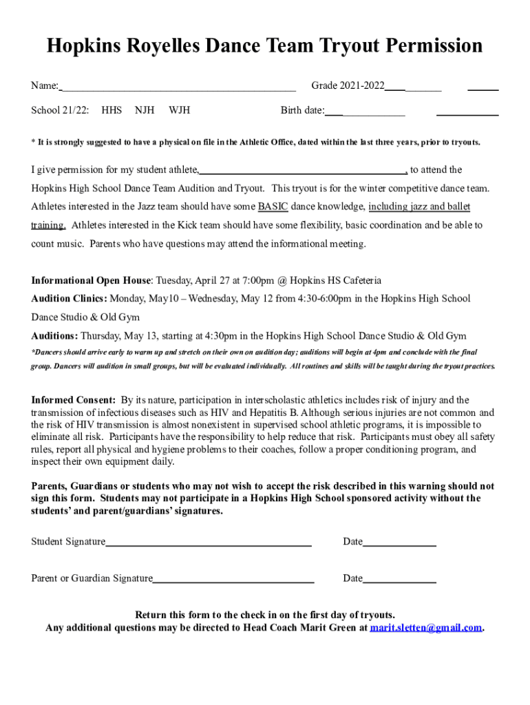 Fillable Online Hopkins Royelles Dance Team Tryout Permission Fax Email ...