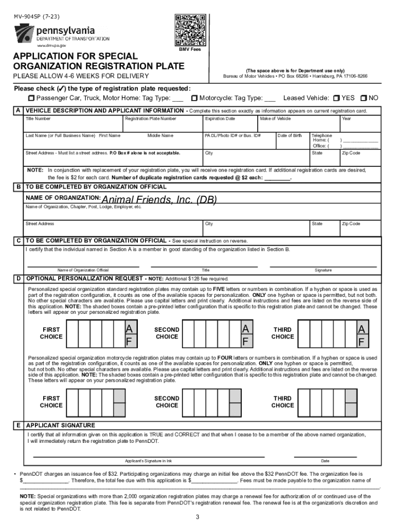 Fillable Online Special Organization Plate Program - DMV - PA.GOV Fax ...