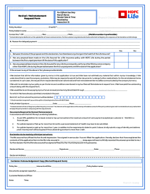 Fillable Online Revival / Reinstatement Request Form - HDFC Life ...