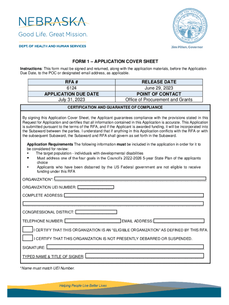 Fillable Online dhhs ne RFA Form 1 - Application Cover Sheet Fax Email ...