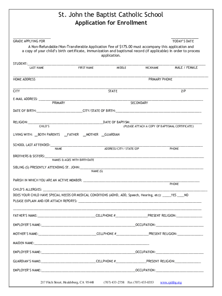 Fillable Online St. John the Baptist Catholic School Application Form ...