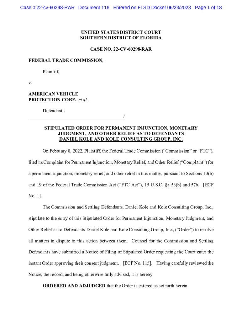 Fillable Online Stipulated Order for Permanent Injunction, Monetary ...