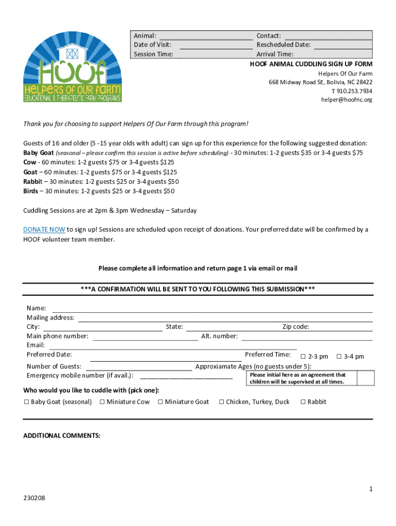 Fillable Online 1 230208 HOOF ANIMAL CUDDLING SIGN UP FORM Thank ...