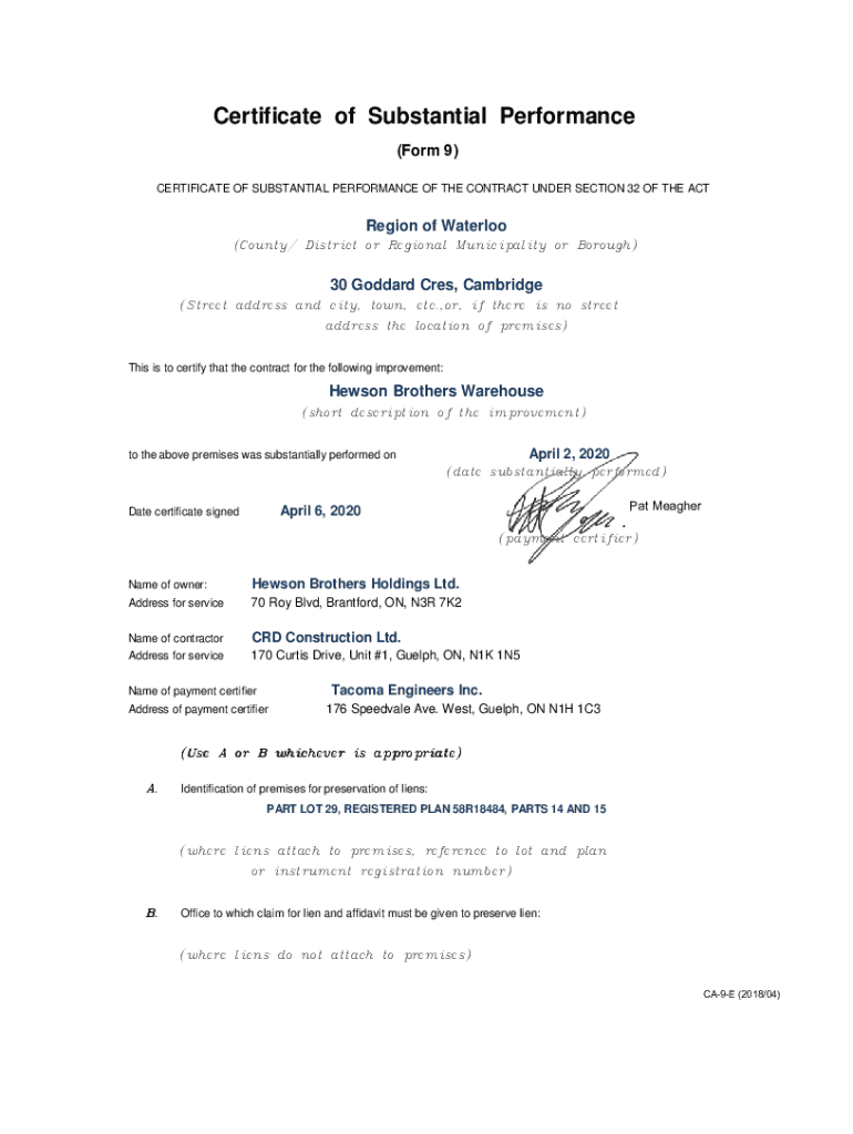 Fillable Online Form 6 - Certificate of Substantial Performance of the ...