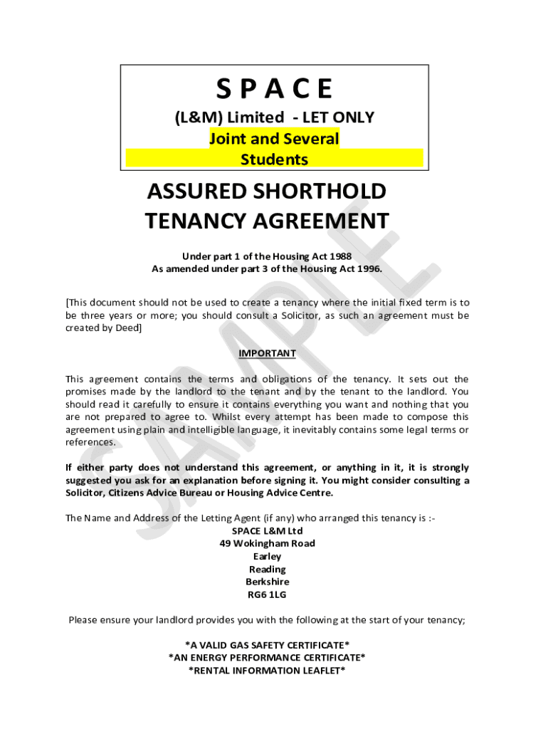 Fillable Online assured shorthold tenancy agreement - Space Students ...