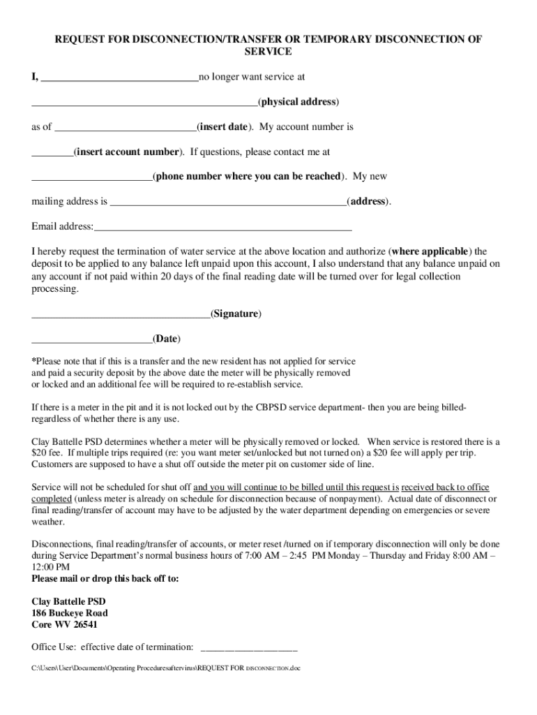 Fillable Online REQUEST FOR DISCONNECTION/TRANSFER OR TEMPORARY ...