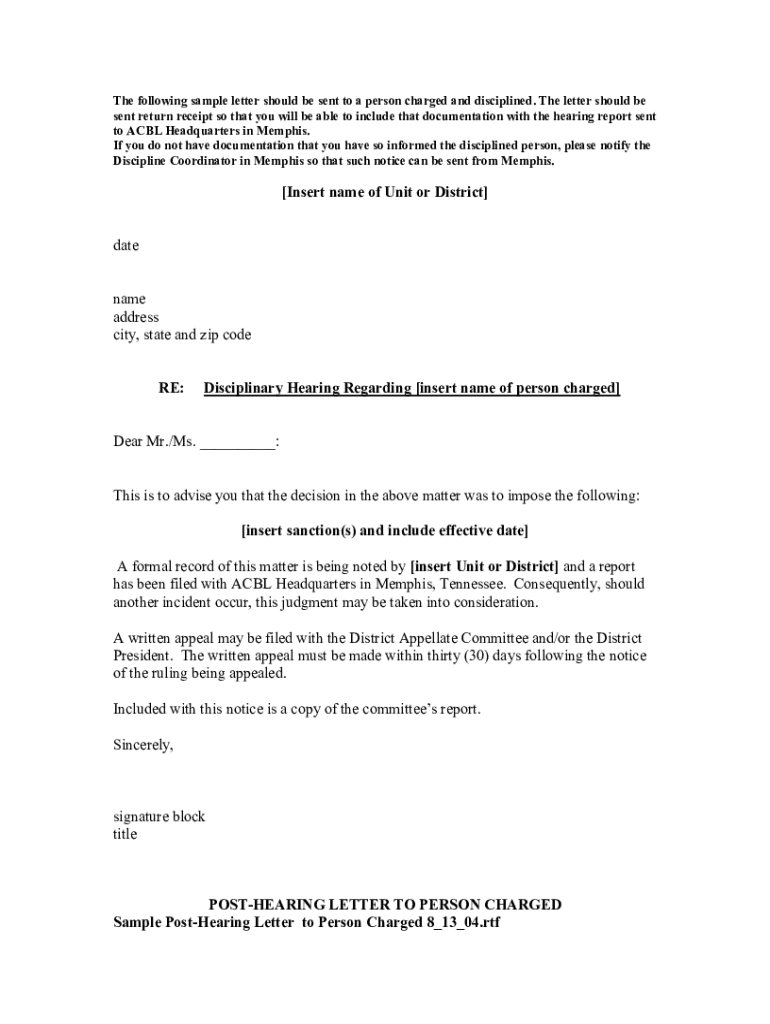 Fillable Online web2 acbl The following sample letter should be sent to ...