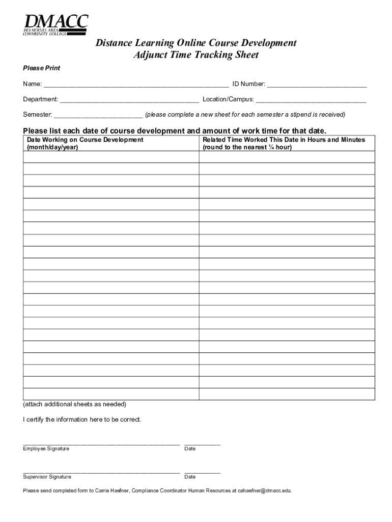 Fillable Online Online Course Development Adjunct Time Tracking Sheet ...