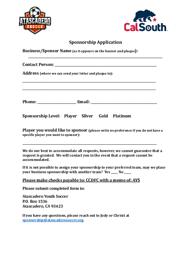 Fillable Online TEAM SPONSOR FORM - FALL - cloudfront.net Fax Email ...