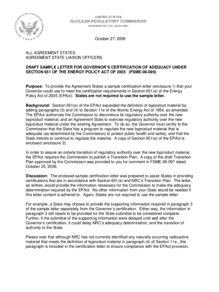 Fillable Online FSME-06-099, Draft Sample Letter for Governor's ... Fax ...