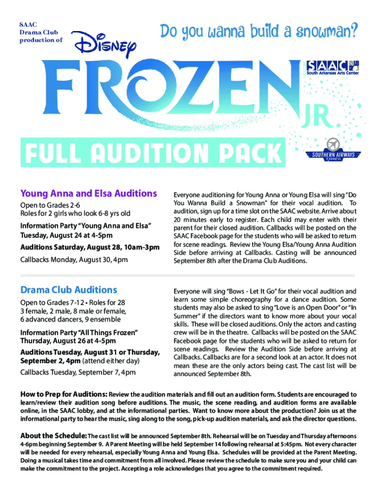 Fillable Online SAAC Drama Club hosts auditions for "Disney's Frozen ...