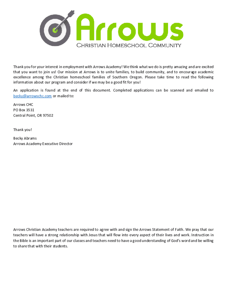 Fillable Online Thank you for your interest in employment with Arrows Academy Fax Email Print ...