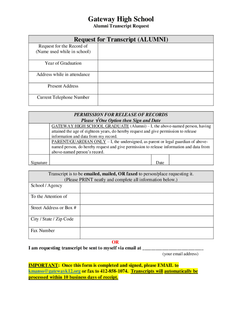 Fillable Online Alumni Transcript RequestCounseling Fax Email Print ...
