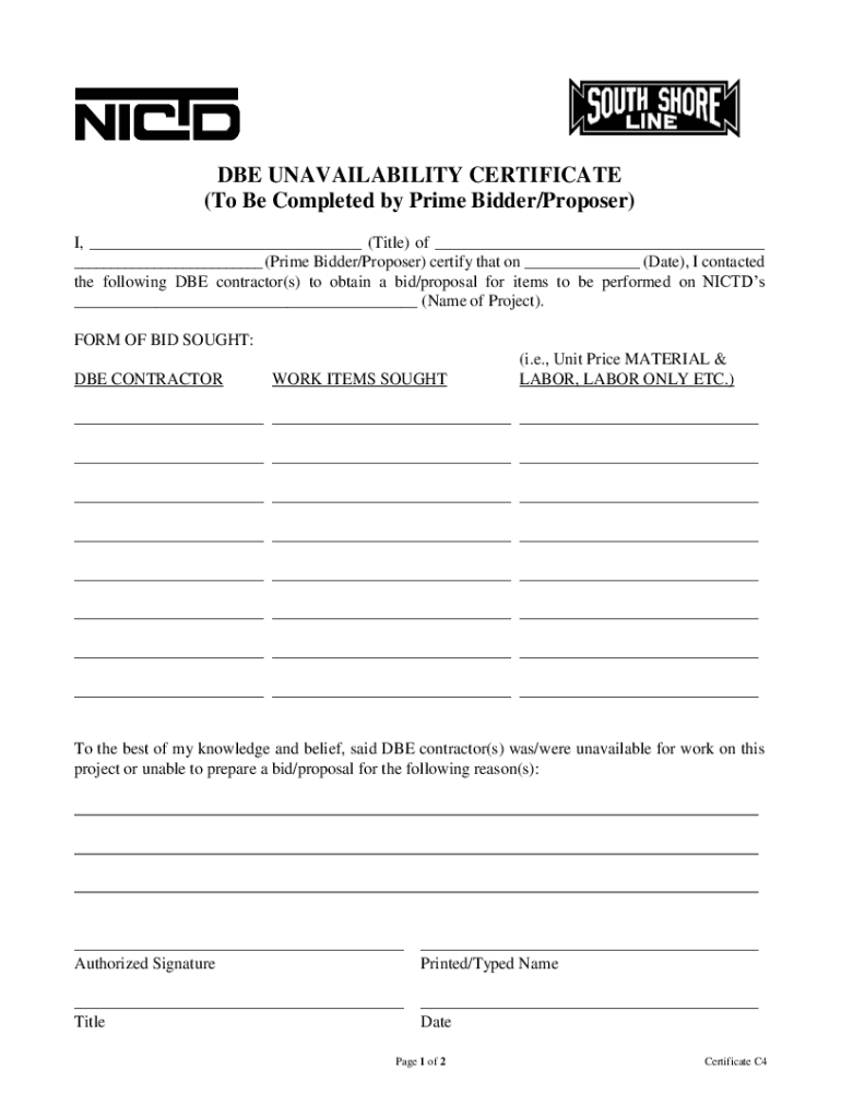 Fillable Online DBE UNAVAILABILITY CERTIFICATE Fax Email Print - pdfFiller