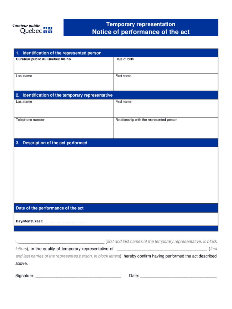 Fillable Online Form - Temporary representation - Notice of perfomance ...