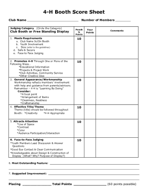 Fillable Online 4-H BOOTH JUDGING SCORE SHEET CLUB NAME & ... Fax Email ...