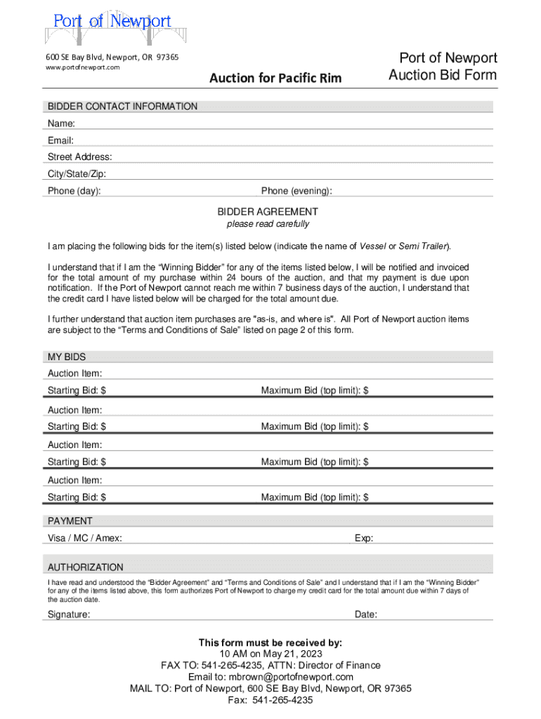Fillable Online Port of Newport Auction Bid Form Auction for Pacific ...
