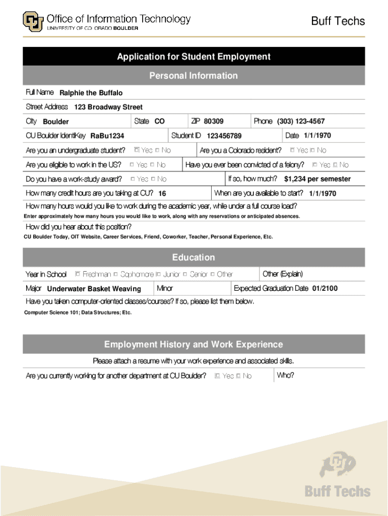 Fillable Online oit colorado Application for Student Employment - Buff ...