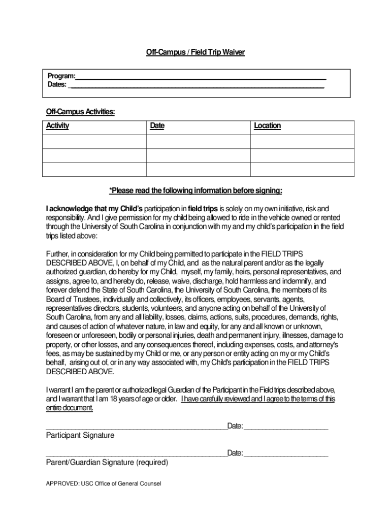 Fillable Online FIELD TRIP / OFF CAMPUS ACTIVITY PERMISSION SLIP ...
