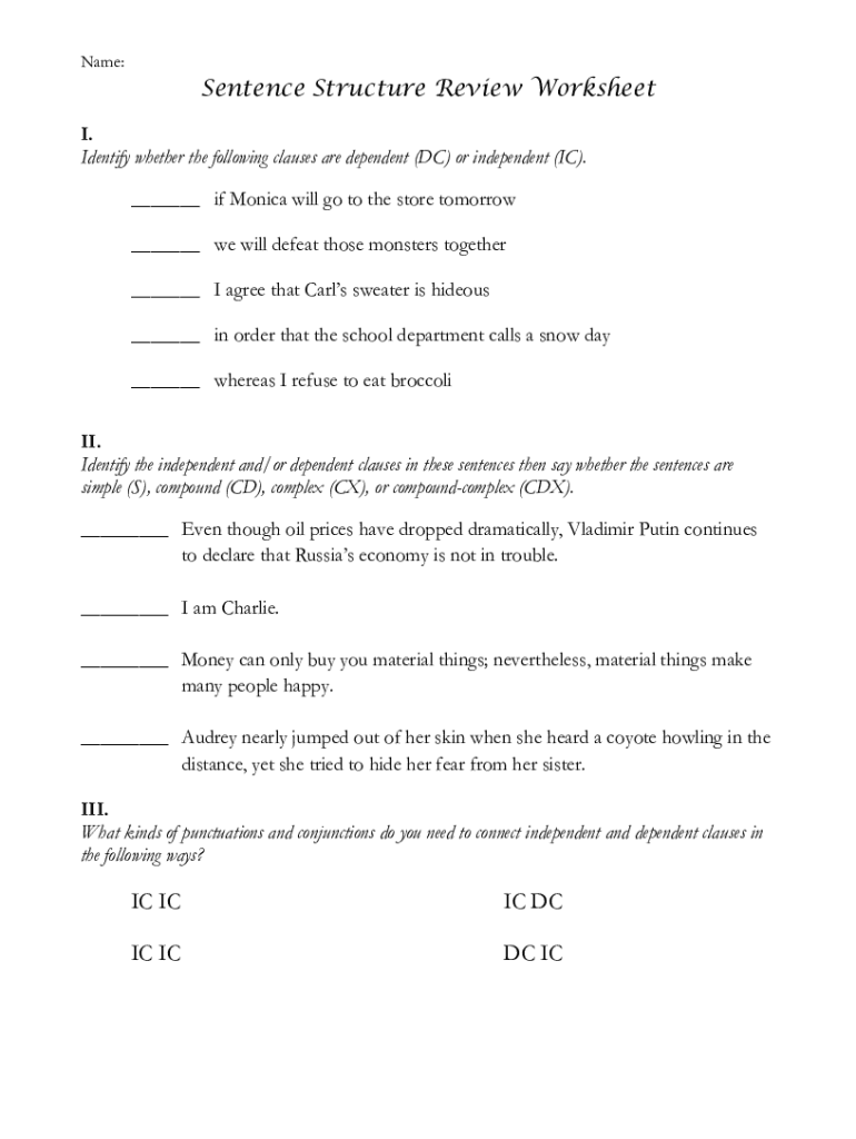 Fillable Online Sentence Structure Review Worksheet Fax Email Print ...