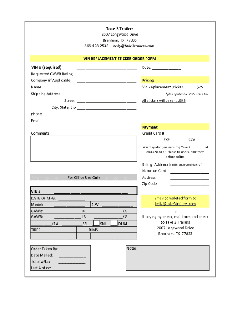 Fillable Online vin replacement sticker order form Fax Email Print ...