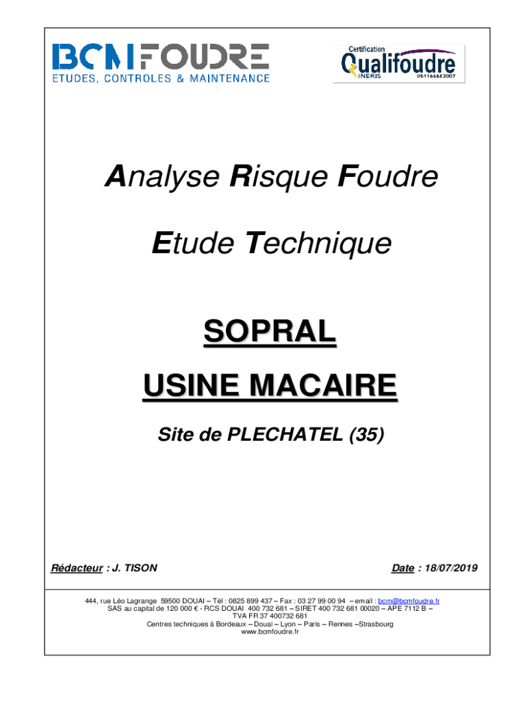 Remplissable En Ligne Analyse Risque Foudre Etude Technique SOPRAL USINE ... Fax Email Imprimer ...