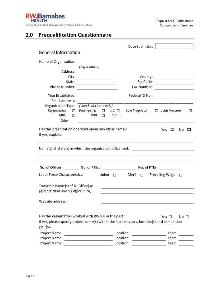 Fillable Online Subcontractors Prequalification Form - RWJBarnabas ...