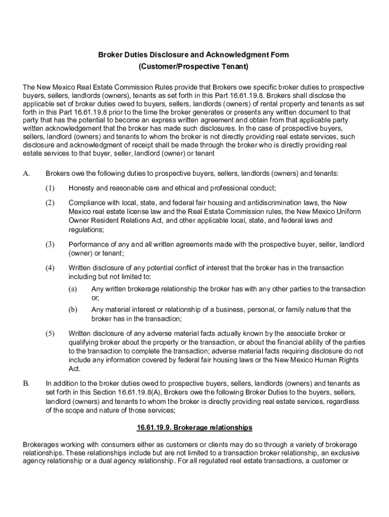 Fillable Online New Mexico Broker Duties Disclosure & Acknowledgement ...