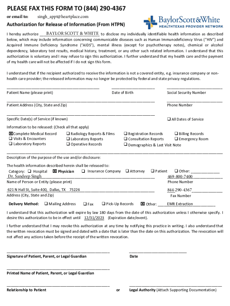 Fillable Online Baylor Release of Information Authorization Form Fax Email Print - pdfFiller