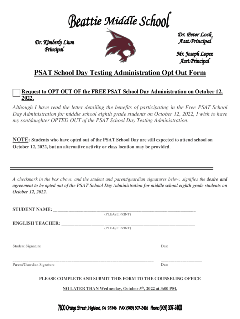 Fillable Online PSAT School Day Testing Administration Opt Out Form Fax ...
