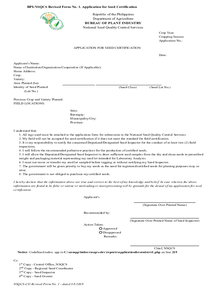 Fillable Online BPI-NSQCS Revised Form No. 1. Application for Seed ...