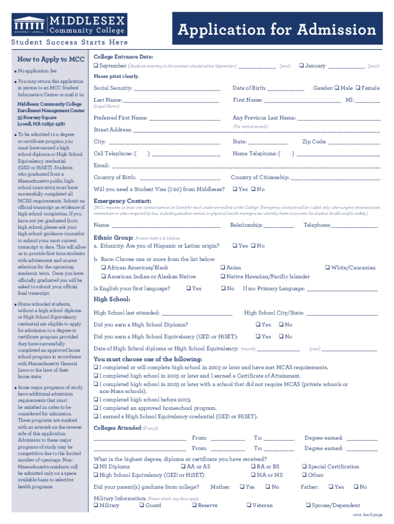 Fillable Online Apply to be a New Student at MCC - Admissions Fax Email Print - pdfFiller