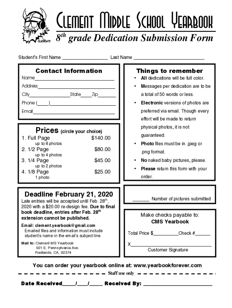 Fillable Online Fillable Online Clement Middle School Yearbook Fax ...