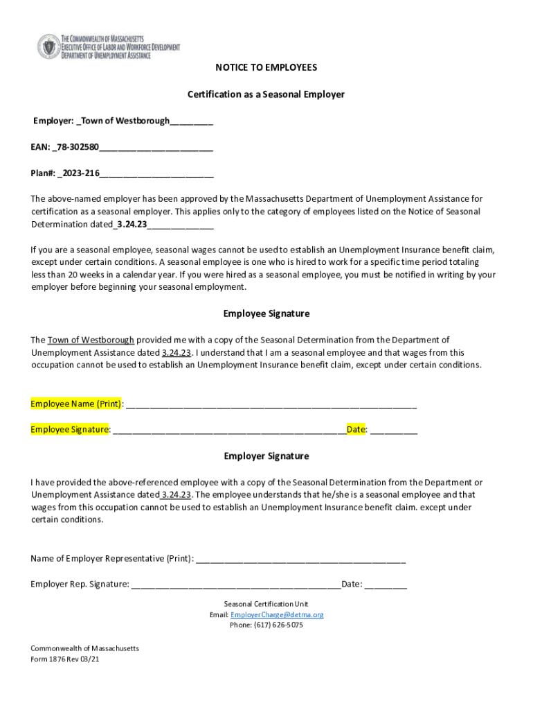 Fillable Online NOTICE TO EMPLOYEES Certification as a Seasonal Employer Fax Email Print - pdfFiller