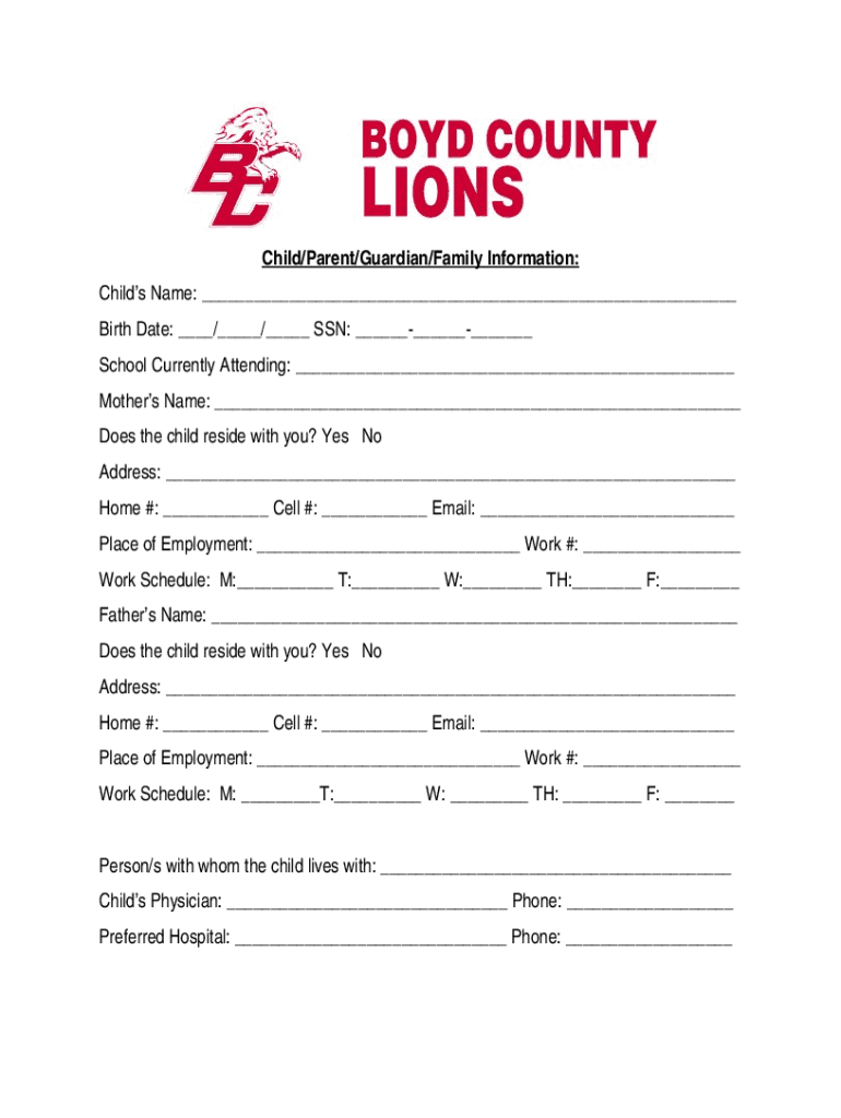 Fillable Online Child/Parent/Guardian/Family Information: Fax Email ...