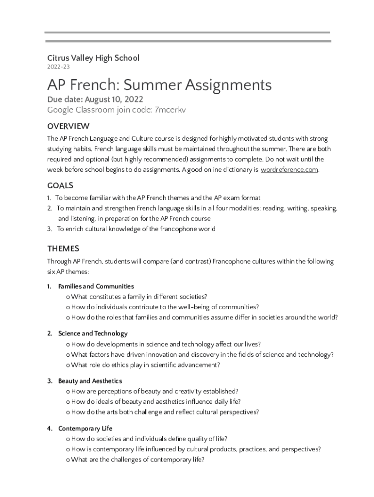 Fillable Online Glacier High School AP French Summer Assignment Fax ...