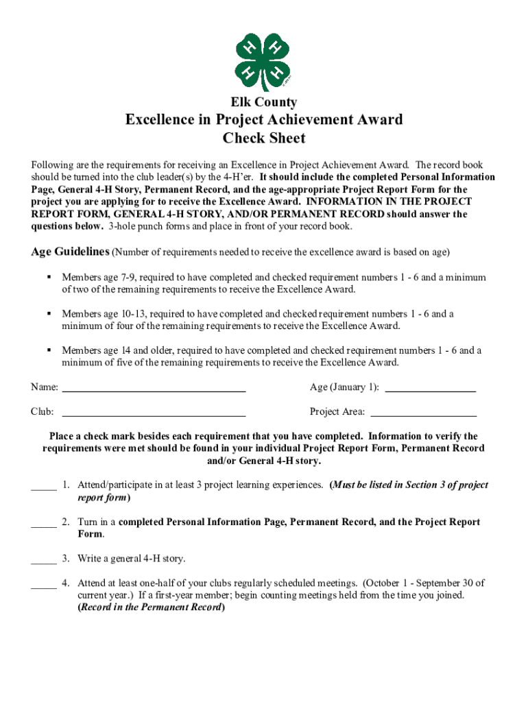 Fillable Online Excellence in Project Achievement Award Check Sheet Fax ...