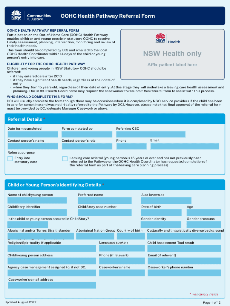 Fillable Online OOHC Health Pathway Referral Form. This form is ...