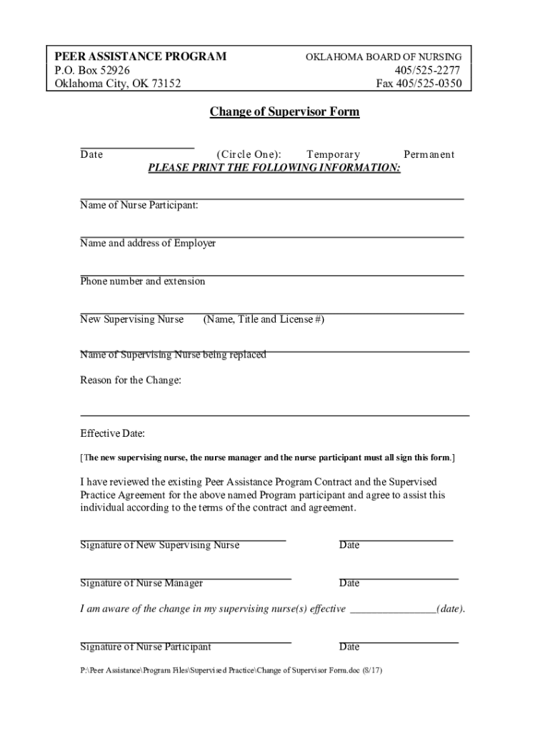 Fillable Online Peer Assistance Program Change of Supervisor Form. Peer ...