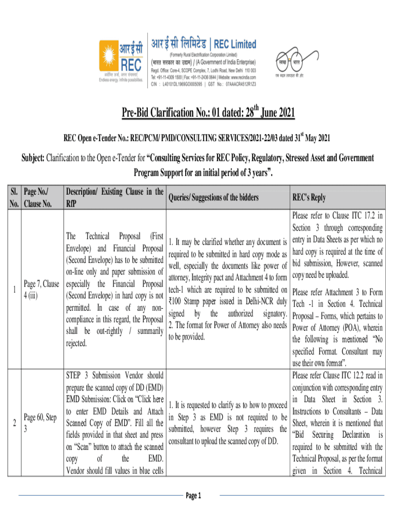 Fillable Online Pre-Bid Clarification No.: 01 dated: 28 June 2021 Fax Email Print - pdfFiller