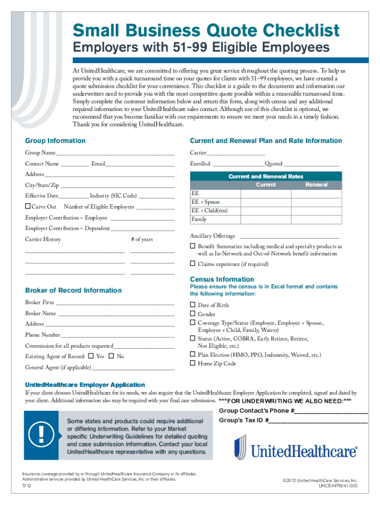 Fillable Online UHC Broker Submission Checklist 51-100 Groups Fax Email ...