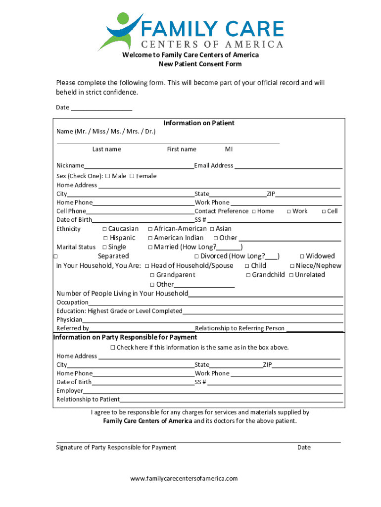 Fillable Online Family Care Centers of America New Patient Consent Form ...