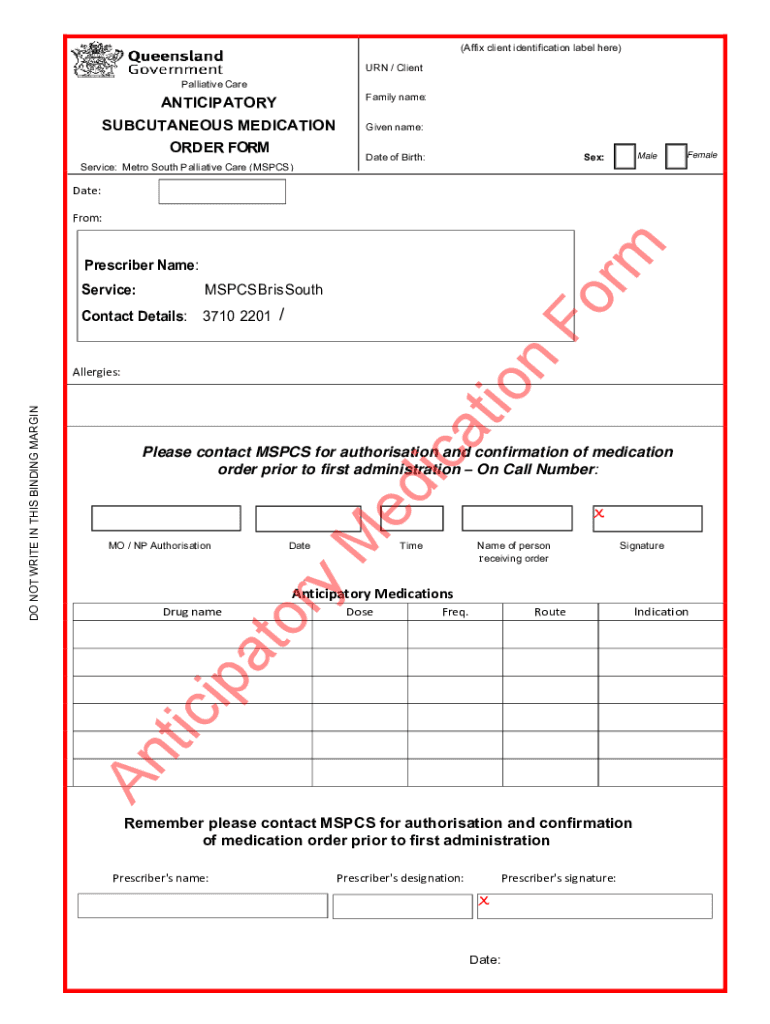 Fillable Online metrosouth health qld gov Anticipatory Medication ...