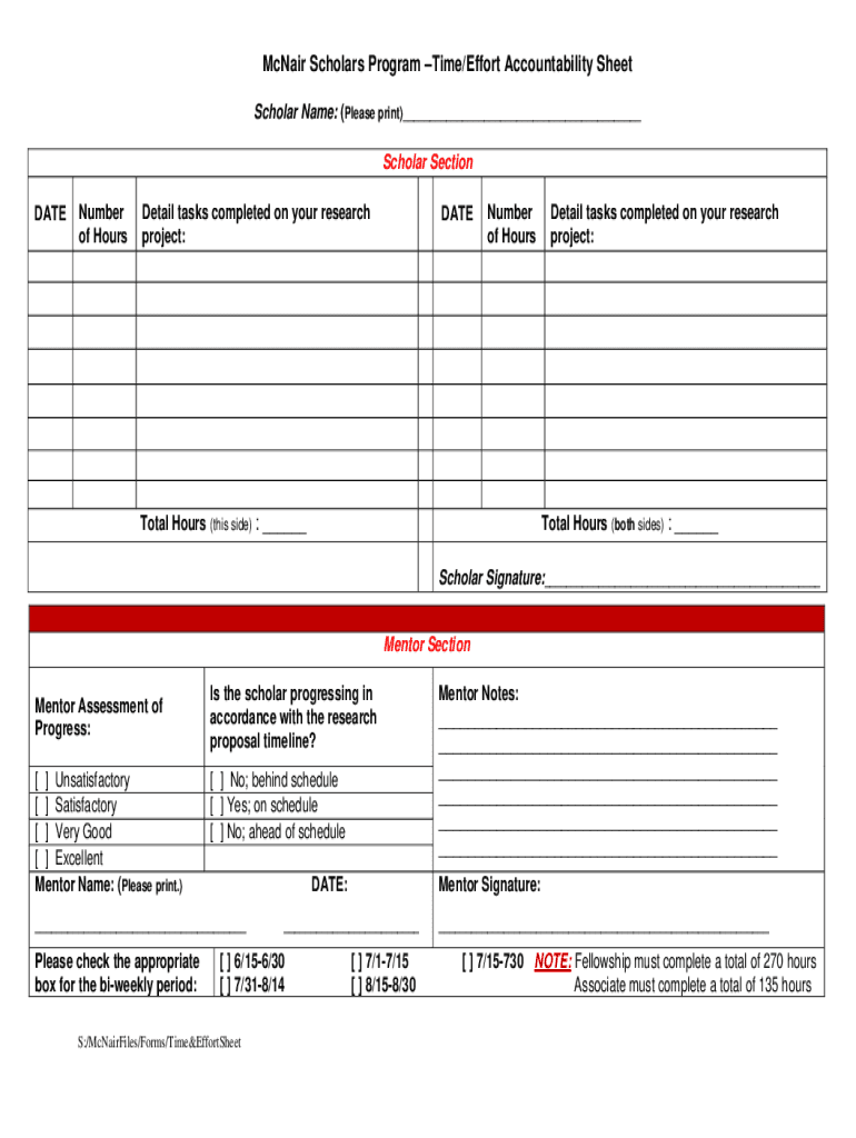 Fillable Online McNair Scholars ProgramTime/Effort Accountability Sheet ...