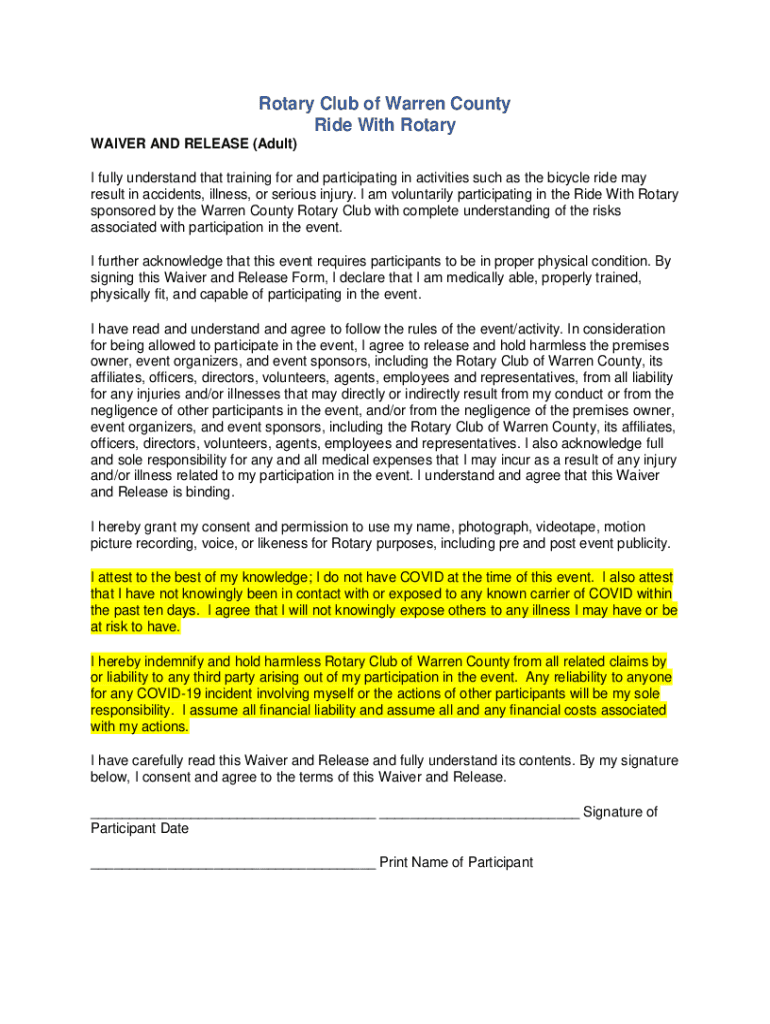 Fillable Online Rotary Club of Warren County Ride With Rotary Fax Email Print - pdfFiller